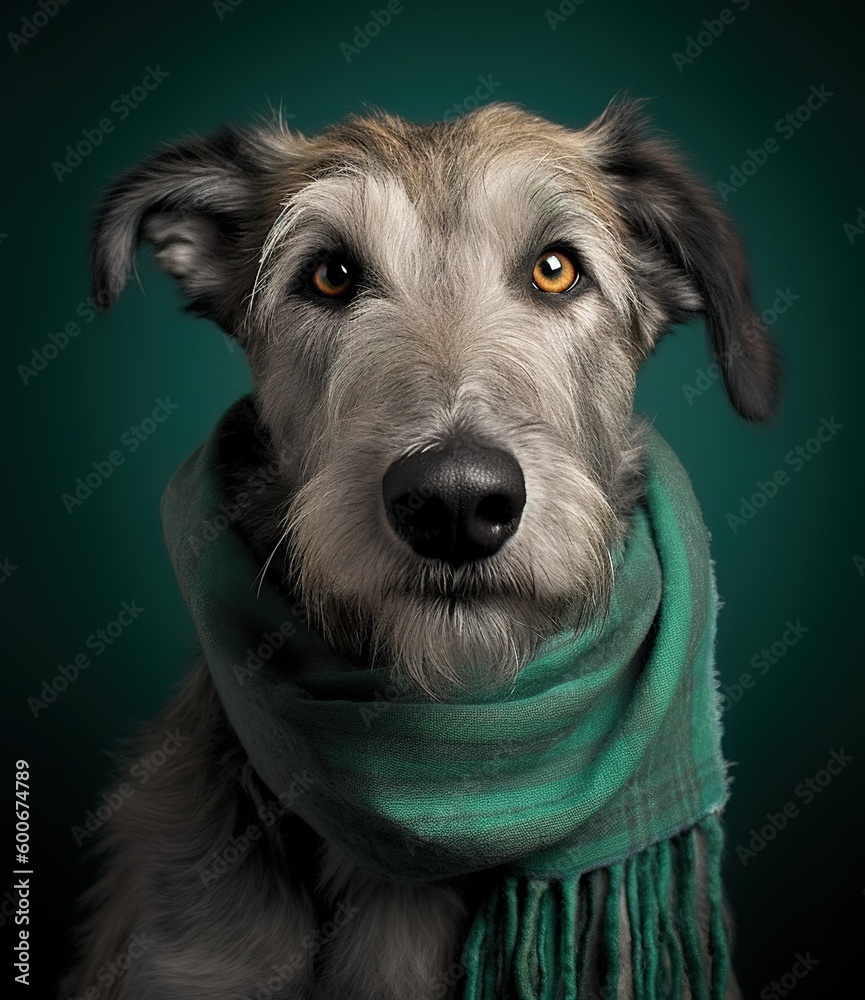 cute smiling Irish Wolfhound dog with scarf in a grey background ...