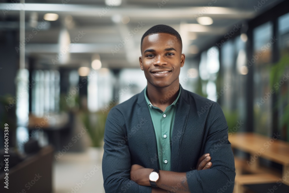 Young smart african-american businessman, smiling face, standing in ...
