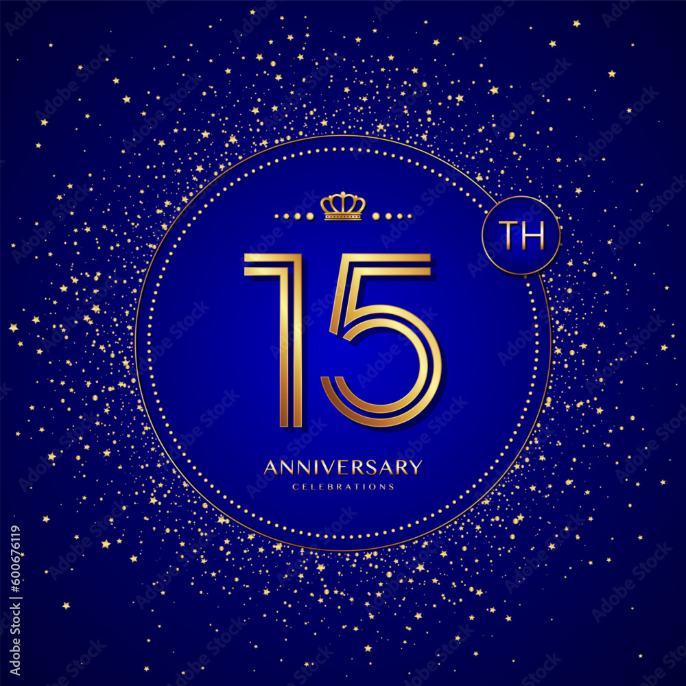 15th anniversary logo with gold numbers and glitter isolated on a blue ...