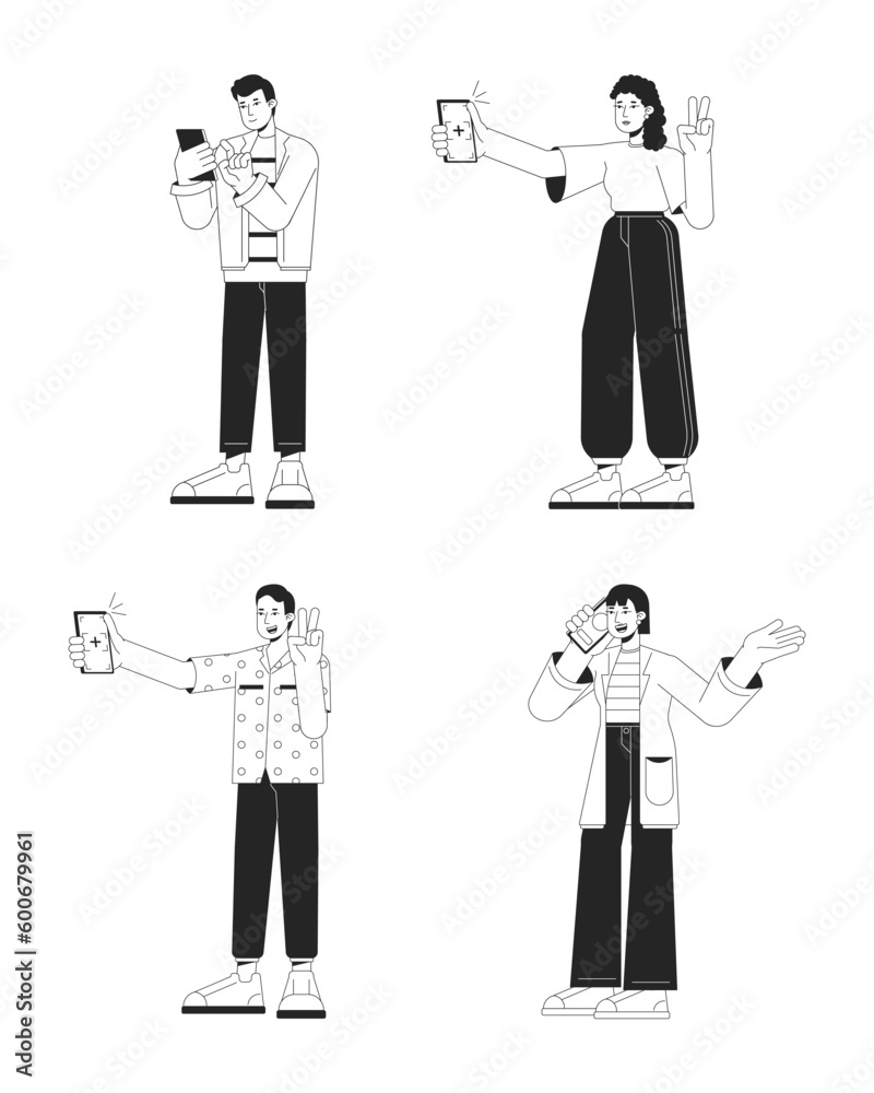 Using mobile device bw vector spot illustration set. Millennials taking ...