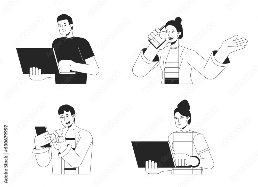 Using electronic gadgets bw vector spot illustration set. People with ...