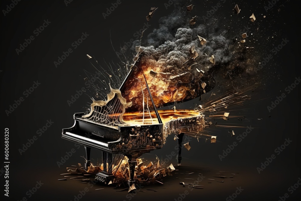 Exploding grand piano bursting with fire and smoke Stock Illustration ...