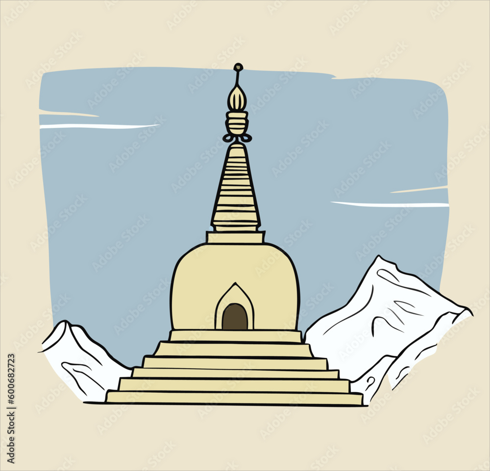 Buddhist Stupa design with mountain background, hand drawn illustration ...