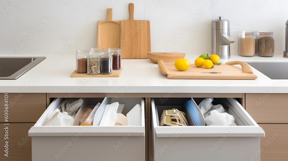 A clean and organized kitchen countertop with separate bins for paper ...