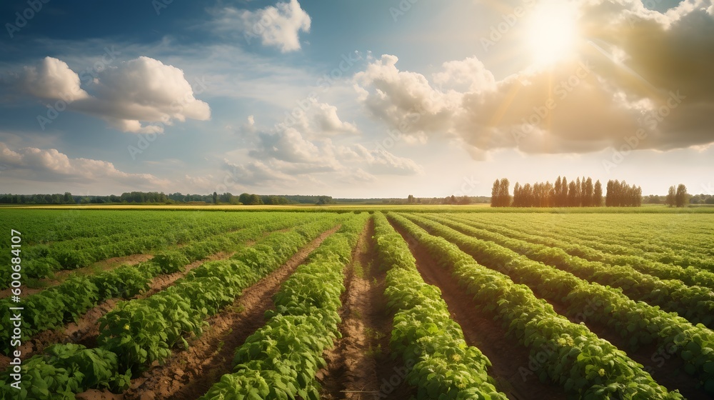 An idyllic agriculture-themed background featuring a sunlit potato ...