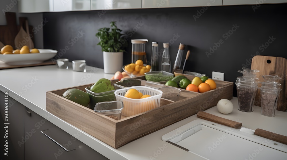 A clean and organized kitchen countertop with separate bins for paper ...