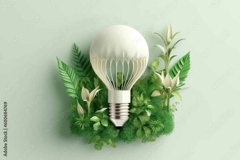 Eco friendly lightbulb with plants white background, Renewable and ...