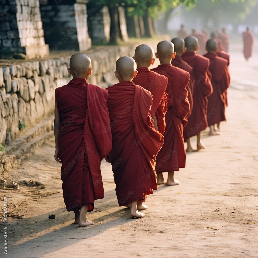Novice Buddhist monks walking barefoot in a row, rear view. Generative ...