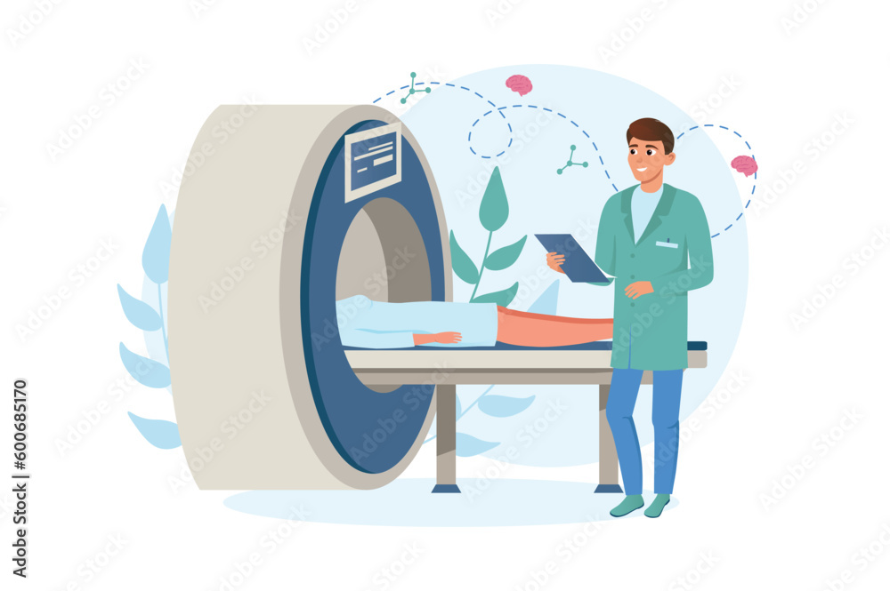 MRI machine medicine concept with people scene in the flat cartoon ...