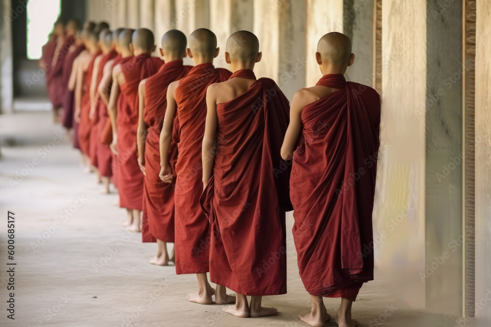 Photo & Art Print Novice Buddhist monks walking barefoot in a row, rear ...