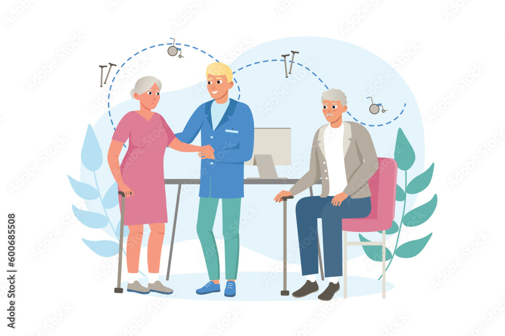 Elderly people medicine concept with people scene in the flat cartoon ...