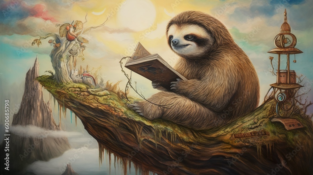 Surrealistic reading sloth painting with clock, AI generated Stock ...