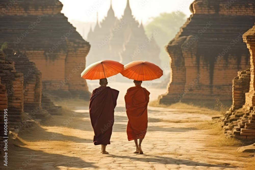 Buddhist monks with a parasol walking barefoot outdoors, rear view ...