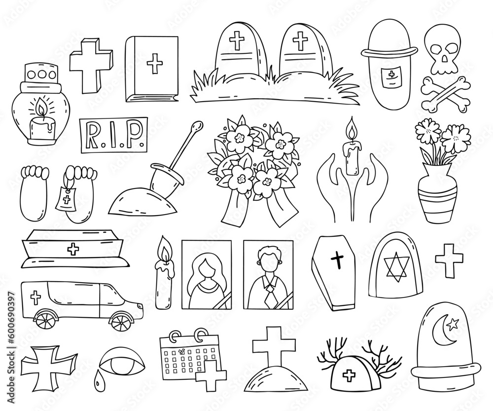 Death and funeral symbol. Grave, cross, cemetery, portrait of deceased ...