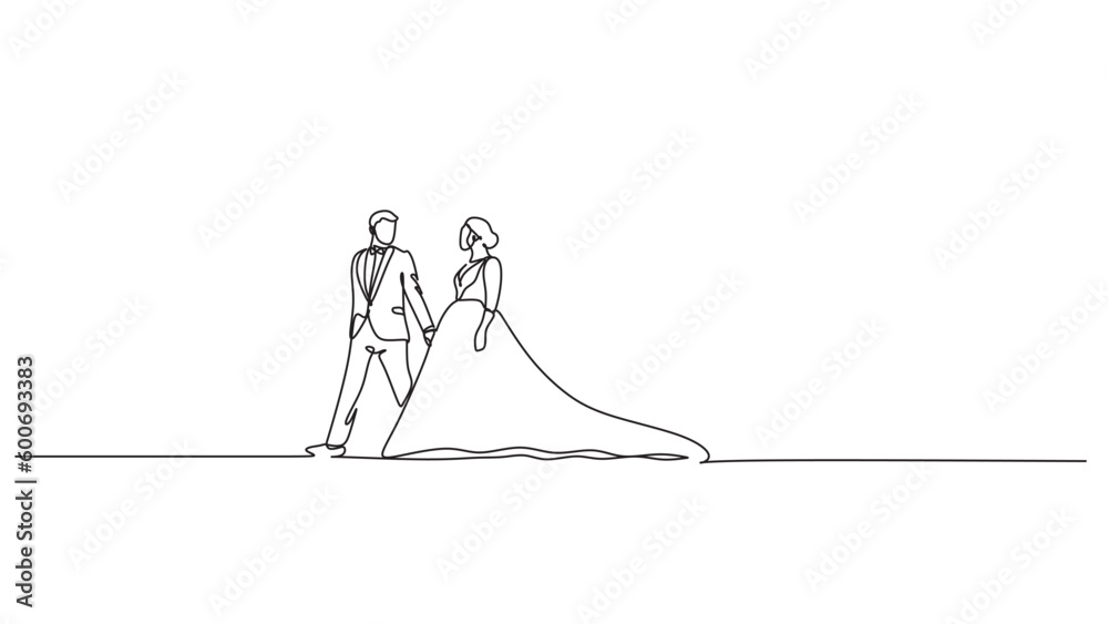 Single one line drawing happy cute married man and woman dancing on the ...
