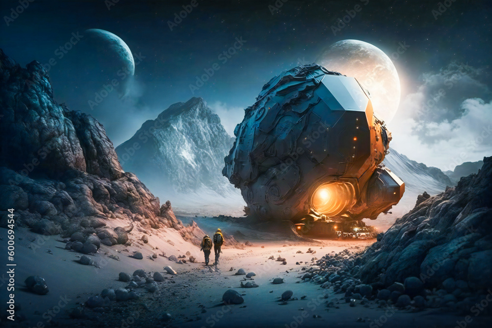 Asteroid mining, moon or alien planet mining facility. Created with Generative AI technology ...