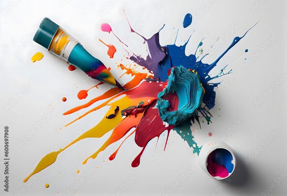 Colorful paints on white color background, top view , .highly detailed ...