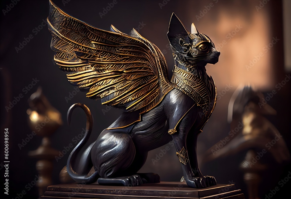 winged armor sphinx cat in ebony and gold Egyptian sculpture , .highly ...