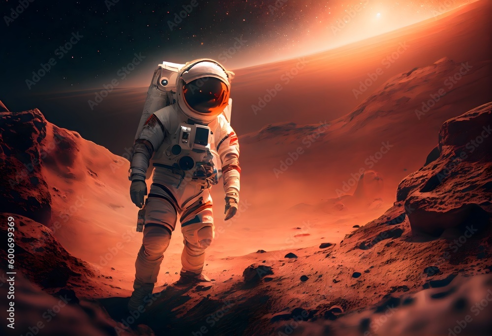 Astronaut doing space walk and explore a distant planet such as Mars ...