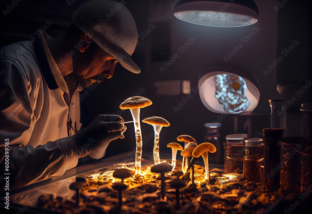 Magic Mushrooms in laboratory. Psilocybin science and research. Person ...