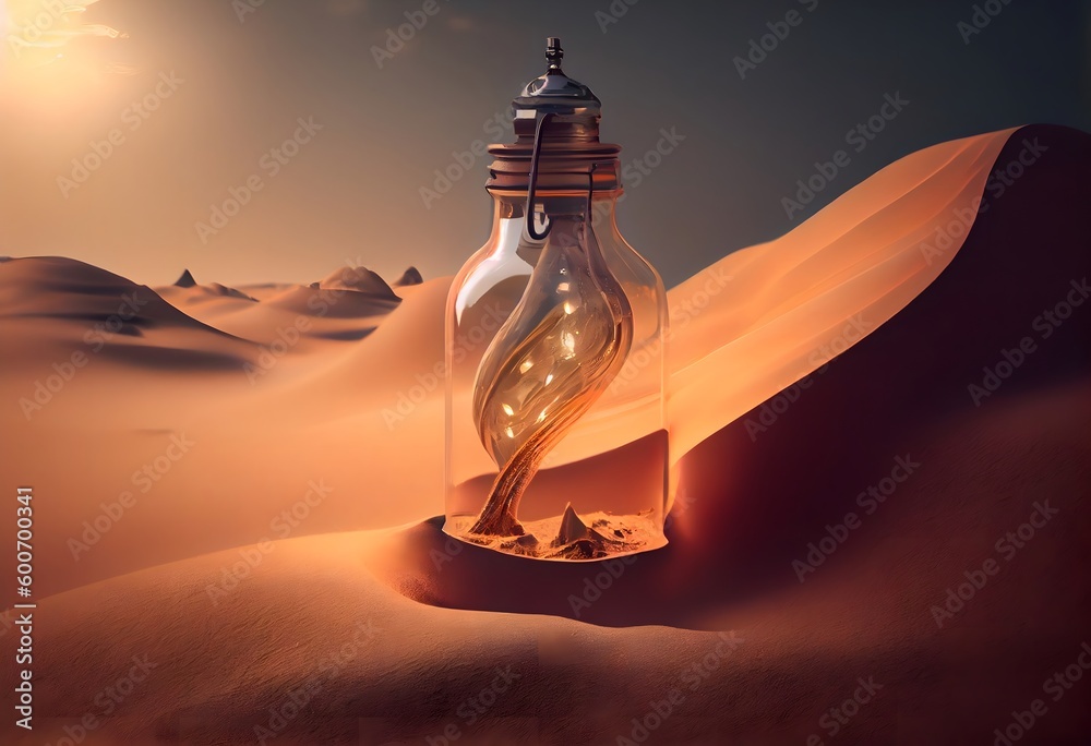 Lamp of wishes on sand in desert genie coming out of the bottle ...