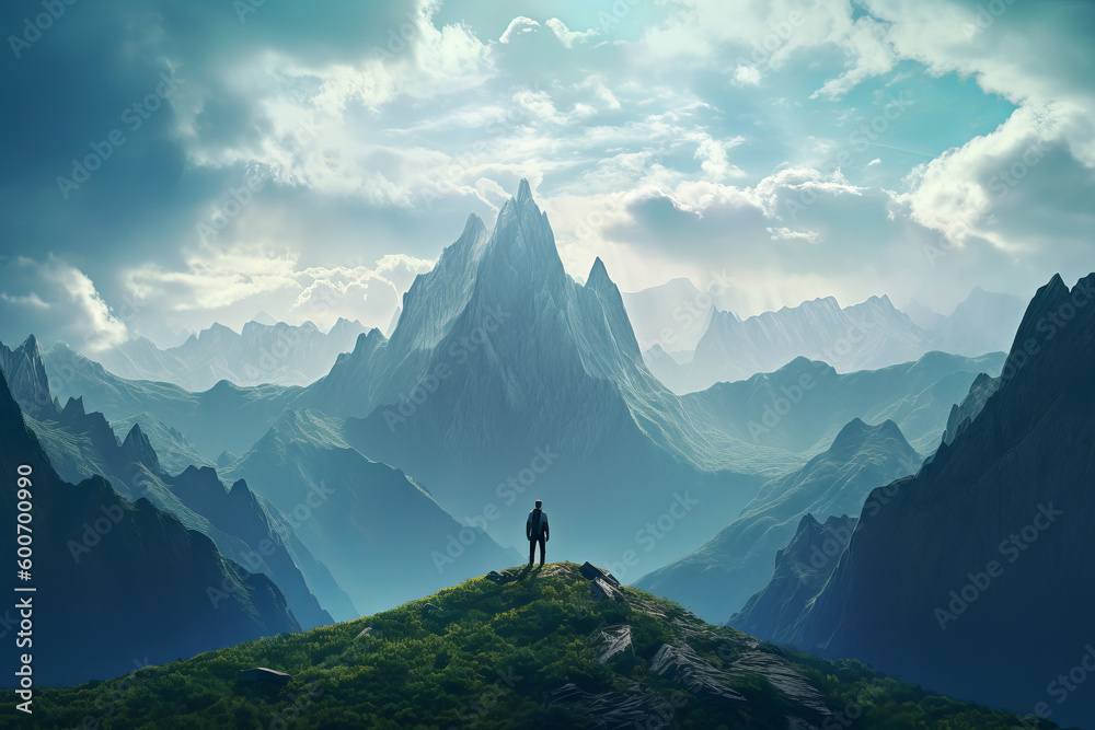 ภาพประกอบสต็อก A young man looking at a big beautiful mountain that he ...