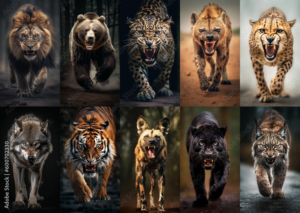 ภาพประกอบสต็อก Set of scary closeup portraits with angry wild animals ...