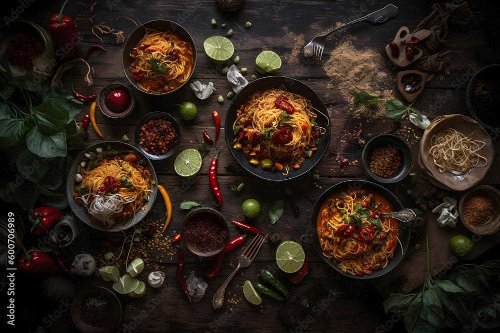Overhead spicy Thai food with chili, lime and dark colors , .highly ...