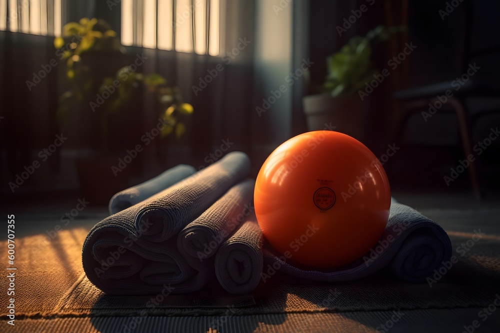 Home workout with yoga mat, ball, dumbbell for health fitness. 3D ...