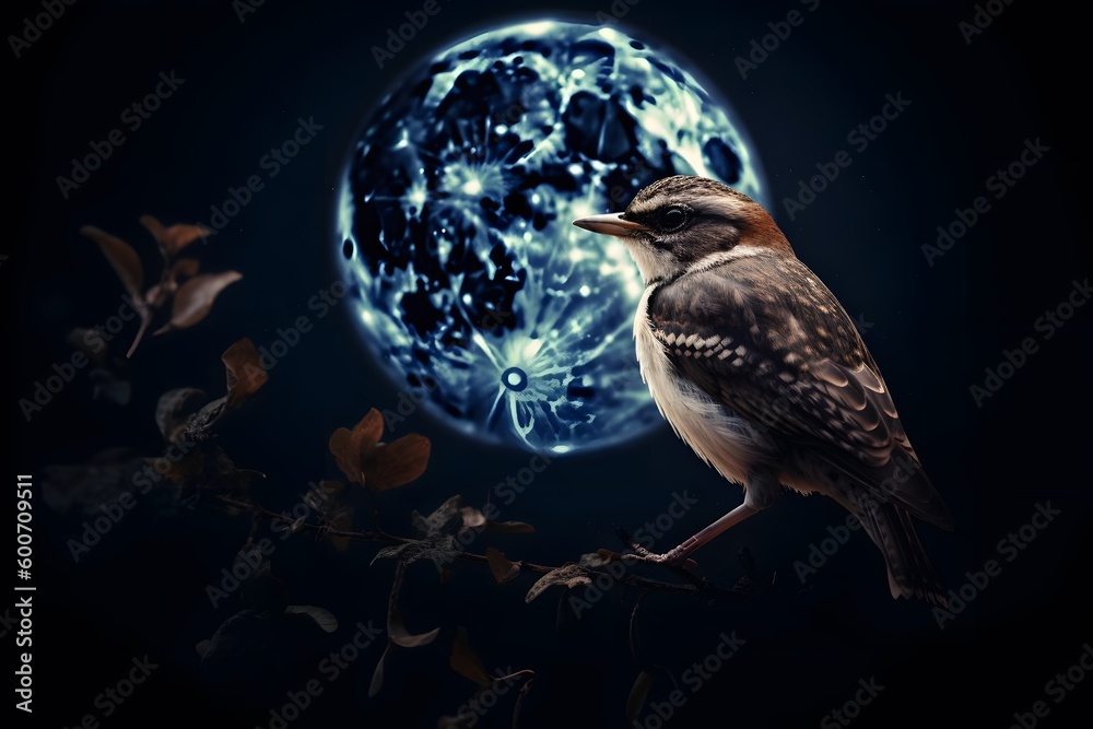 Nocturnal bird perched behind moon in stunning night scenery, with ...
