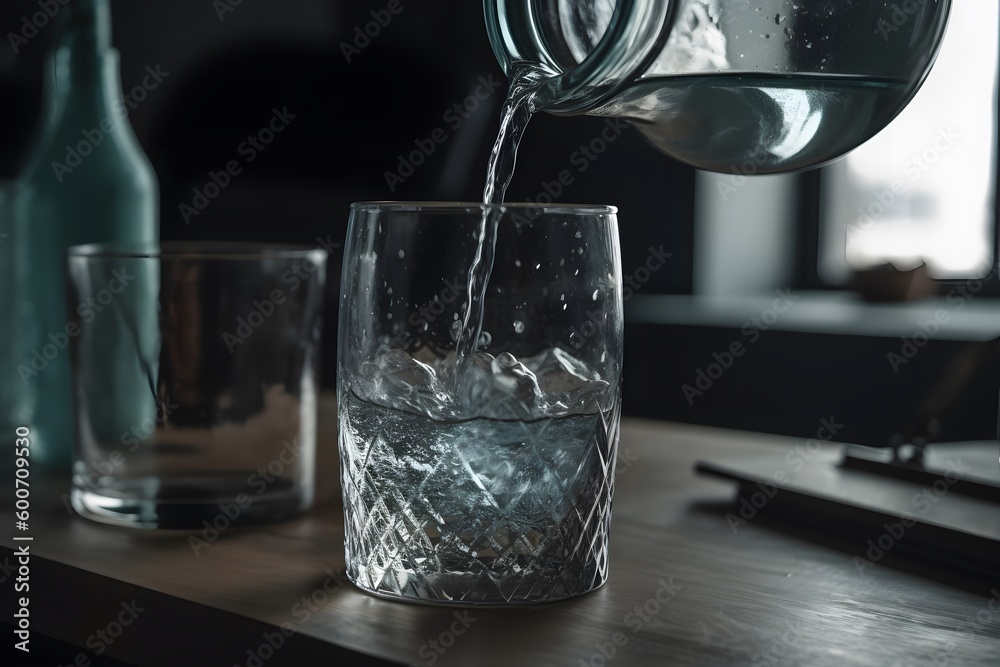Pouring fresh purified water from bottle close up on living room table ...