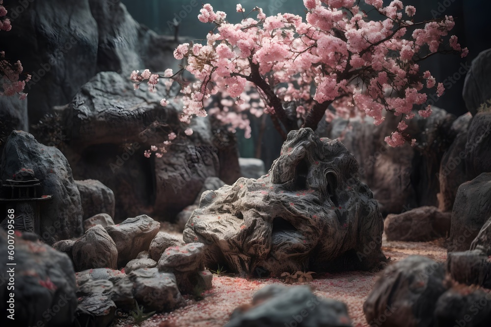 Cherry blossom rock garden display , .highly detailed, cinematic shot ...