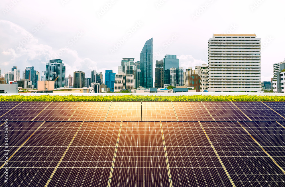 Solar panels on the roof of a tall building Send electricity to the ...