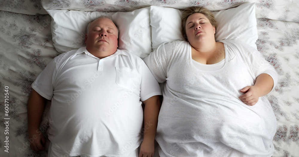 Top portrait of overweight man snoring loudly, while sleeping next to ...
