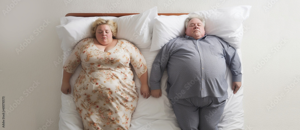 Top portrait of overweight man snoring loudly, while sleeping next to ...