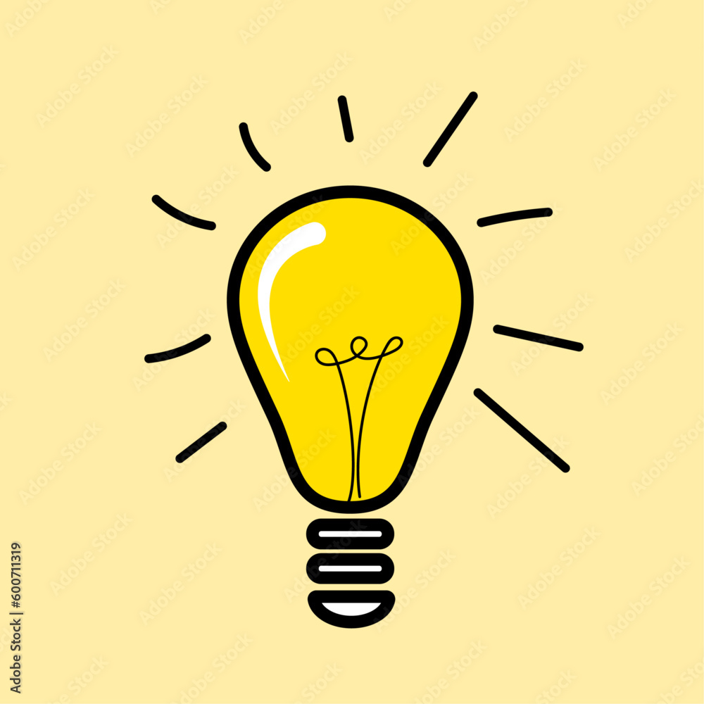 Light bulb with rays shine. Cartoon style. Flat style. Doodle style ...