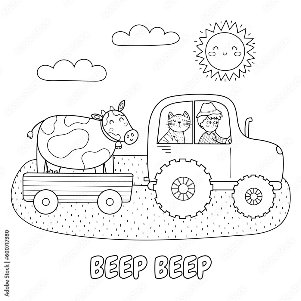 Beep beep black and white print with cute boy and cat on a tractor ...