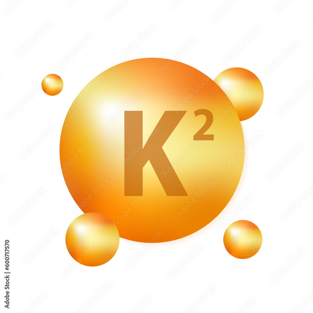 Vitamin K2 gold shining icon. Ascorbic acid. K2 Menaquinone pill ...