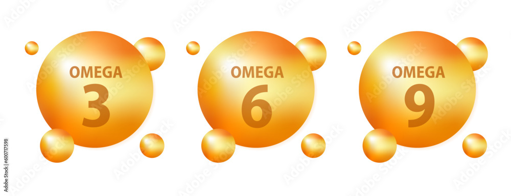 Set of gold drops icons Omega Three, Six And Nine. Polyunsaturated ...