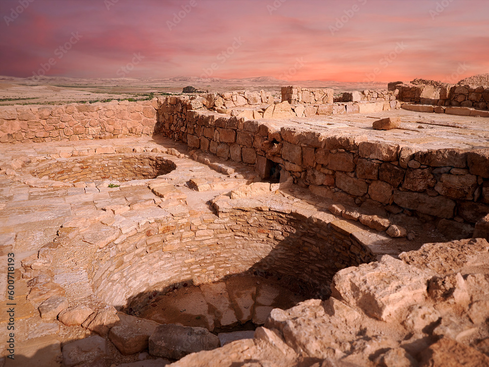Ancient city in the Israeli desert in the pink rays of sunrise Stock ...