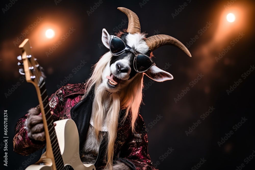 Greatest of all time! A comical portrait of a goat dressed in rockstar ...