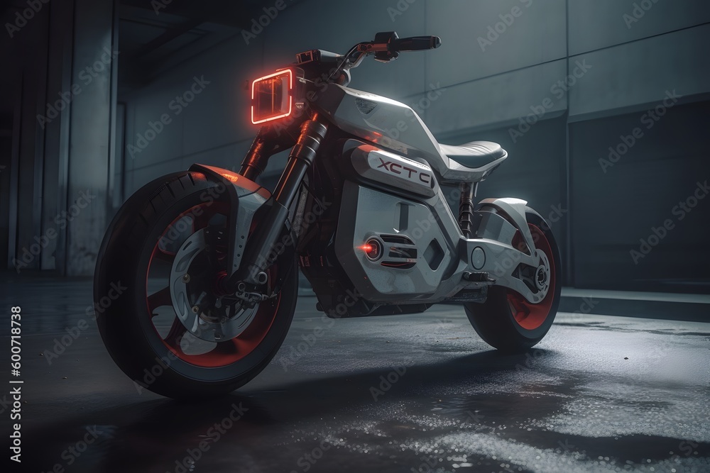 Ilustrace „Futuristic silver e-bike with red detailing , .highly ...
