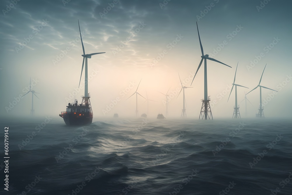Offshore wind turbines on a misty morning generate sustainable ...