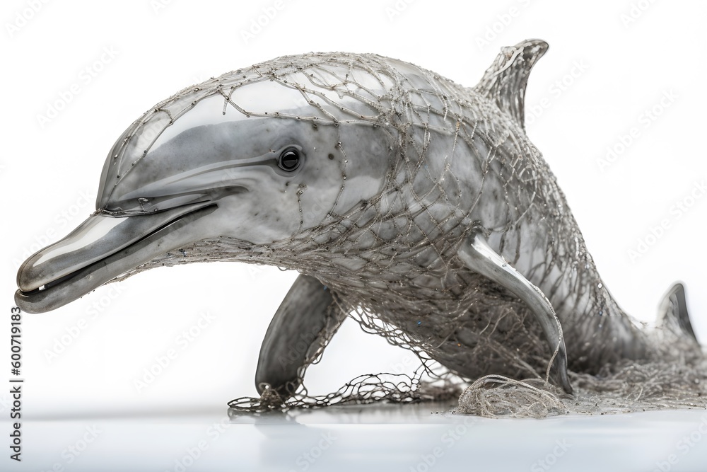 Plastic fishing net dolphin on white background , .highly detailed ...