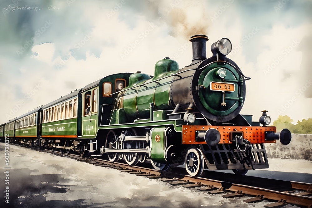 Watercolor painting of a historic Irish train adorned for St. Patrick s ...