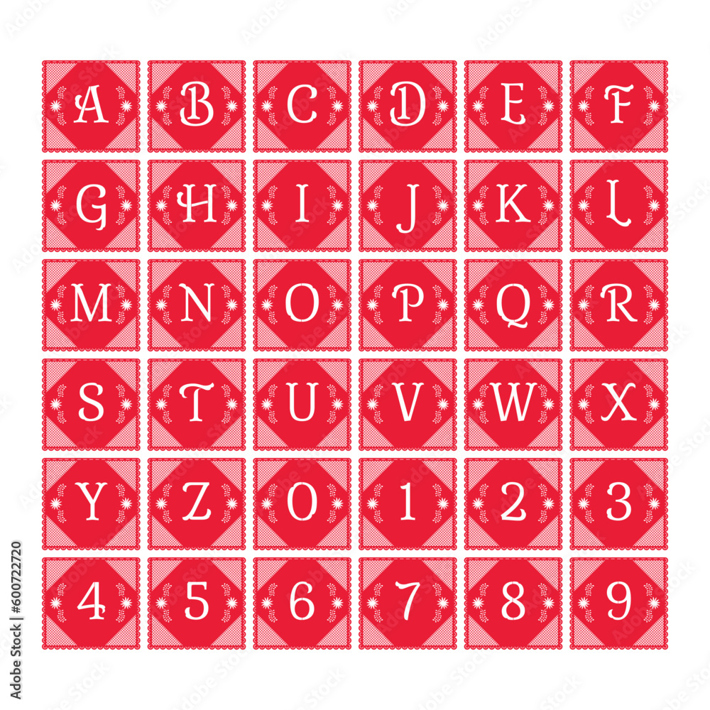 Paper flags alphabet. Mexican papel picado cut out letters and numbers ...