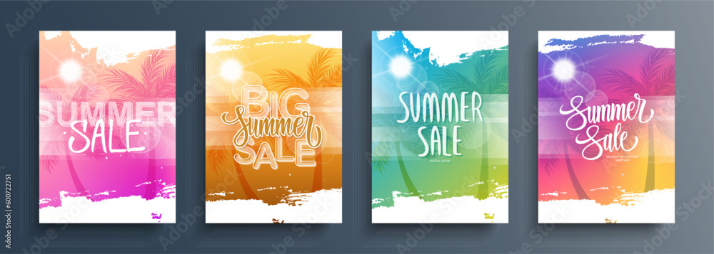 Summer Sale Posters. Set of summertime commercial backgrounds with palm ...