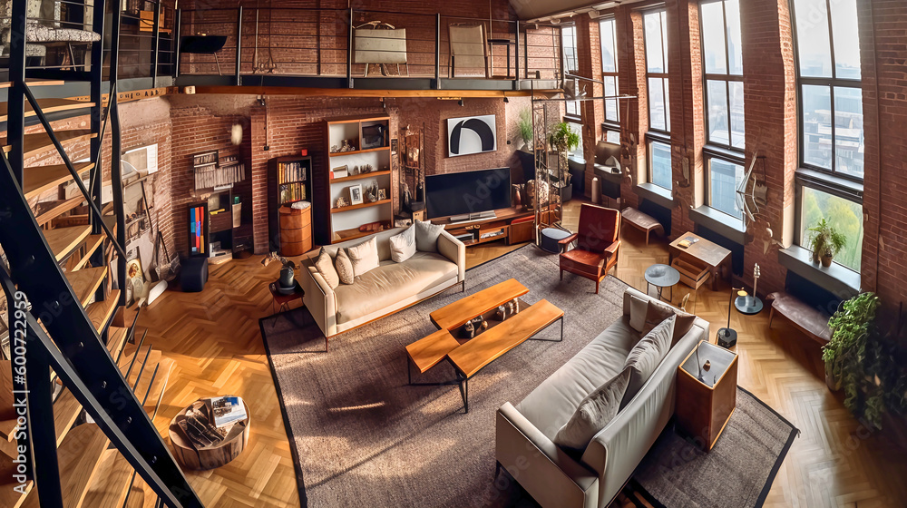 An Art Deco-style loft apartment with a bird's eye view perspective ...
