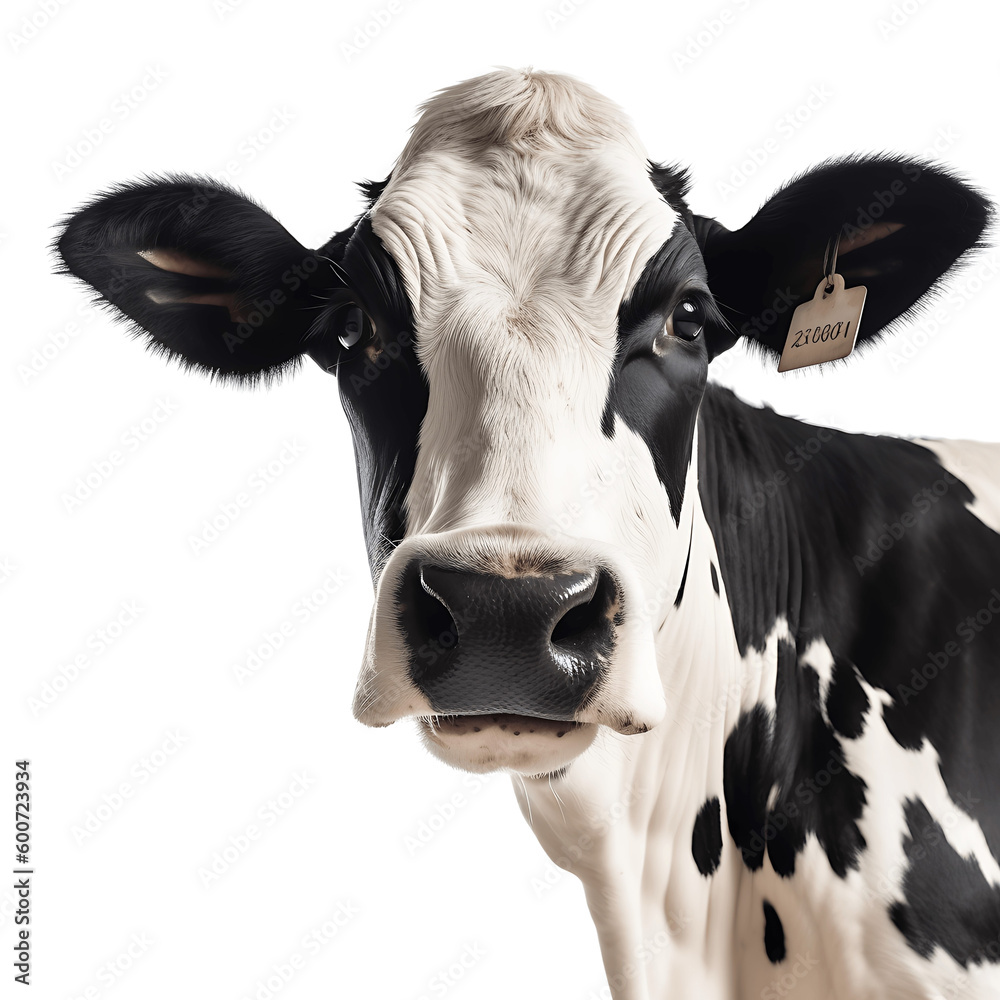 Full face of a cow. A black and white cow looks directly into the ...