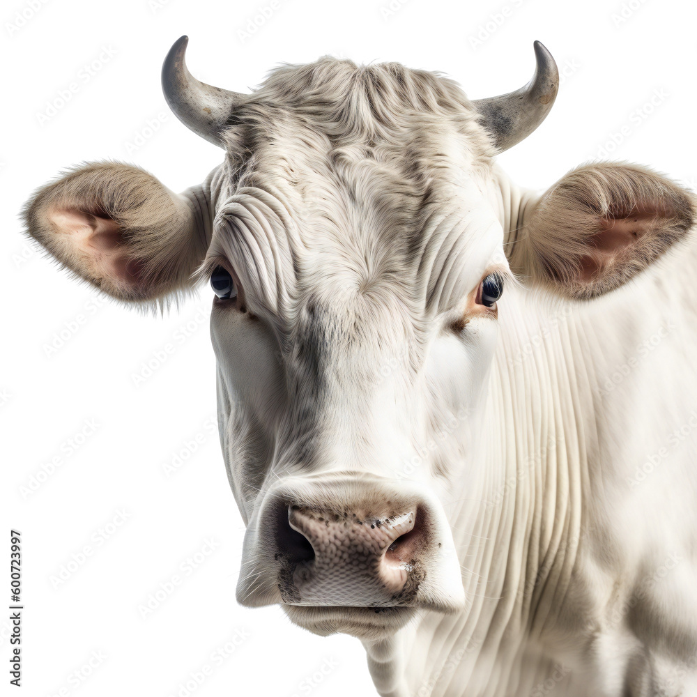 White cow full face. Cow with horns close up. Isolated on a transparent ...